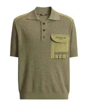 Balmain Vintage Utility Ribbed Knit Polo - Khaki