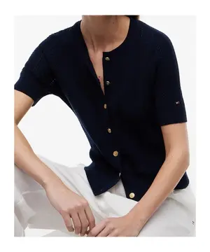 Tommy Hilfiger Pointelle Gold-tone Button Short Sleeve Cardigan