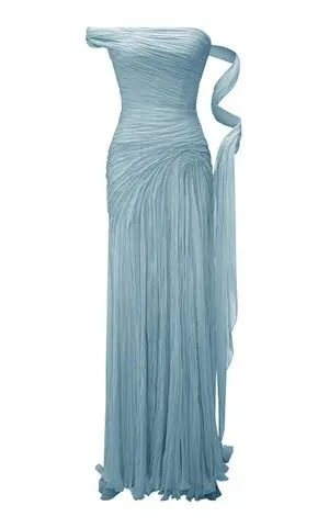 MARMAR HALIM Pleated One-shoulder Chiffon Maxi Dress - Light Blue