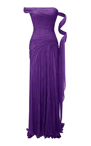MARMAR HALIM Pleated One-shoulder Chiffon Maxi Dress - Purple