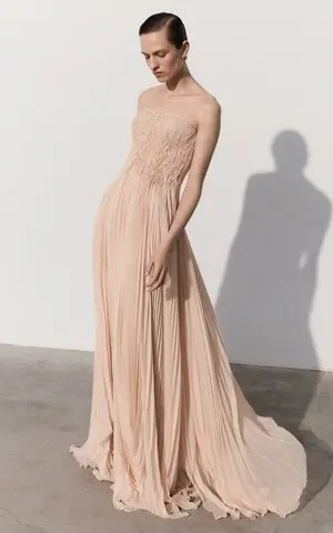 MARMAR HALIM Shirred Chiffon Strapless Maxi Dress - Neutral