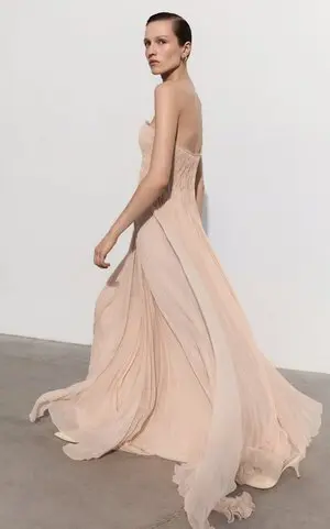 MARMAR HALIM Shirred Chiffon Strapless Maxi Dress - Neutral