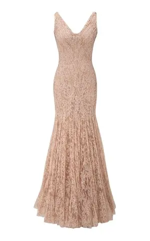 MARMAR HALIM Pleated Lace Mermaid Maxi Dress
