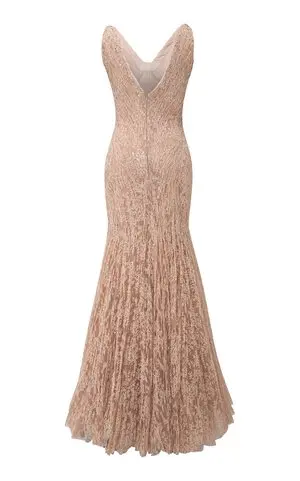 MARMAR HALIM Pleated Lace Mermaid Maxi Dress