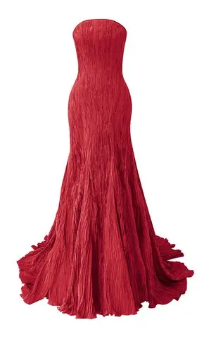 MARMAR HALIM Strapless Pleated Taffeta Mermaid Dress - Red