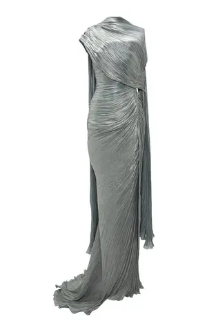 MARMAR HALIM Pleated Silk Cape Maxi Dress - Grey
