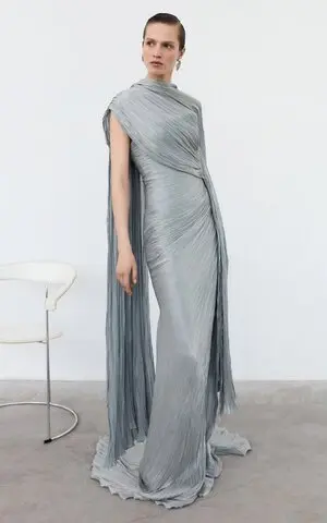 MARMAR HALIM Pleated Silk Cape Maxi Dress