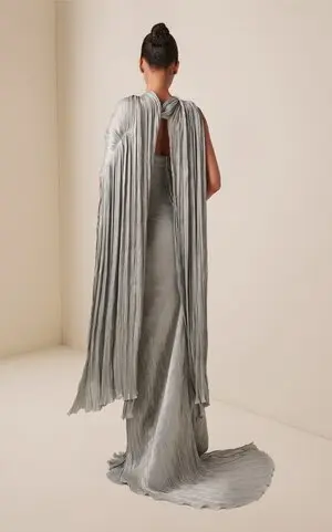 MARMAR HALIM Pleated Silk Cape Maxi Dress