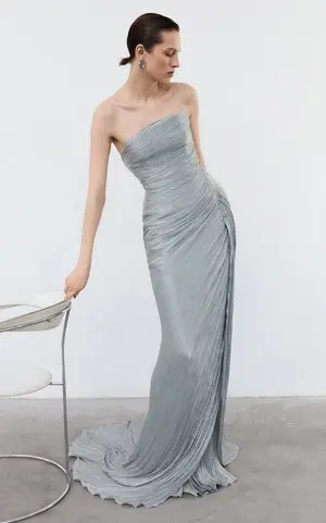 MARMAR HALIM Pleated Silk Cape Maxi Dress