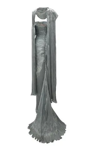 MARMAR HALIM Pleated Silk Cape Maxi Dress