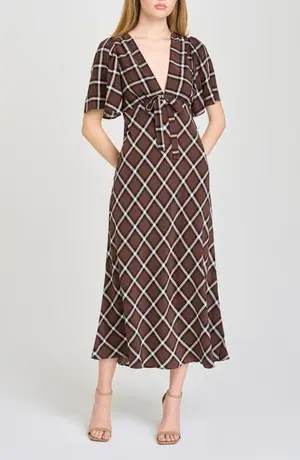 WAYF Jules Plaid Midi Dress Brown Checker