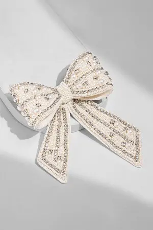 HAIR DRAMA CO Embellished Crystal & Pearl Hair Bow Barrette Clipsilver - Ivory