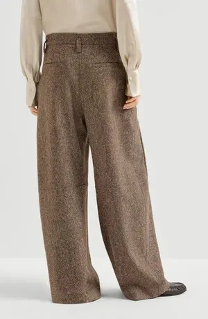 Brunello Cucinelli Virgin Wool Donegal Pleated Barrel Trousers With Monili - Light Brown