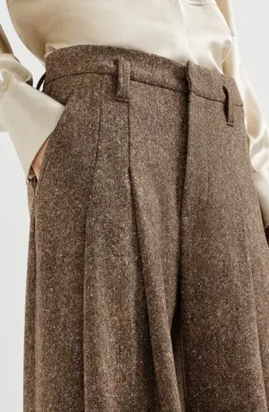 Brunello Cucinelli Virgin Wool Donegal Pleated Barrel Trousers With Monili - Light Brown