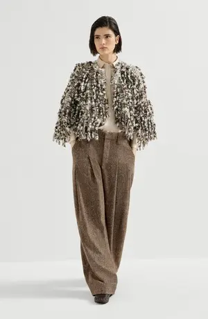 Brunello Cucinelli Virgin Wool Donegal Pleated Barrel Trousers With Monili - Light Brown