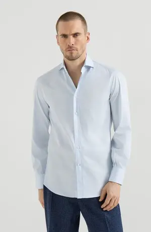 Brunello Cucinelli Twill Shirt With Spread Collar - Azure