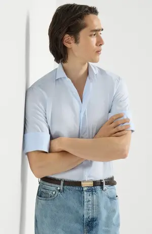 Brunello Cucinelli Twill Shirt With Spread Collar - Azure