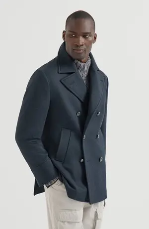 Brunello Cucinelli Wool And Cashmere Cavalry Pea Coat With Metal Buttons - Blue