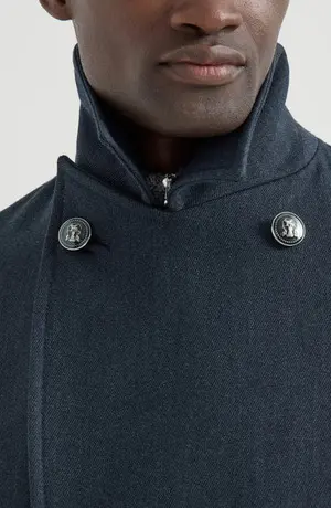 Brunello Cucinelli Wool And Cashmere Cavalry Pea Coat With Metal Buttons - Blue