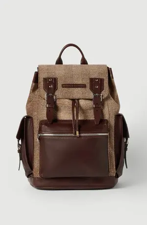 Brunello Cucinelli Burnished Calfskin And Chevron-effect Techno Fabric Backpack - Brown