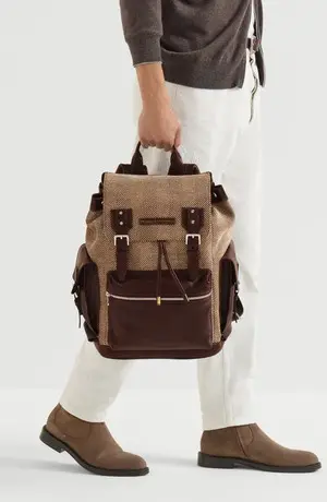 Brunello Cucinelli Burnished Calfskin And Chevron-effect Techno Fabric Backpack