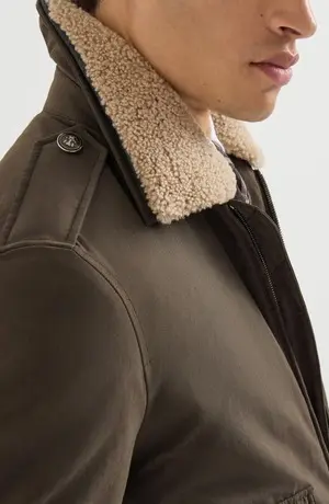 Brunello Cucinelli Waxed Techno Cotton Bomber Jacket With Detachable Shearling Collar - Dark Grey