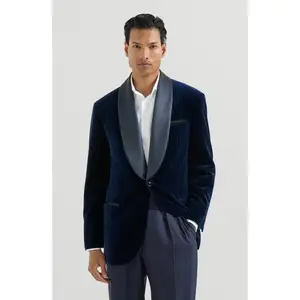 Brunello Cucinelli Cotton Chalk Stripe Velvet Tuxedo Jacket With Shawl Lapels - Navy Blue