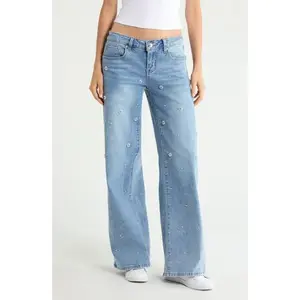 FADE OUT LOUD Frida Stretch Wide Leg Jeans With Embellishments - Light Wash
