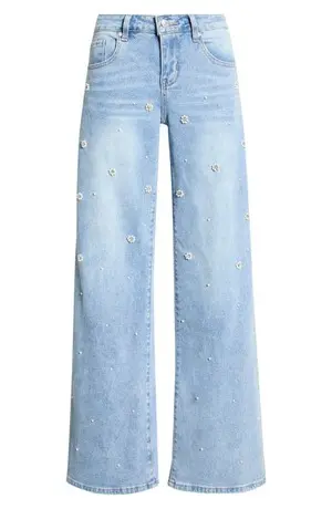 FADE OUT LOUD Stretch Wide Leg Jeans With Embellished Blooms