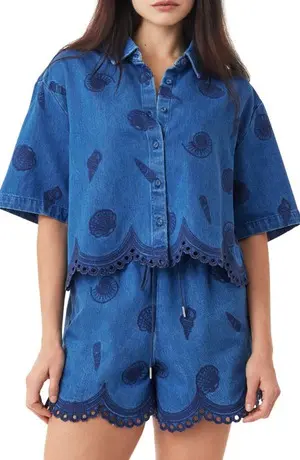 Habitual Seashell Embroidered Cropped Shirt - Medium Blue