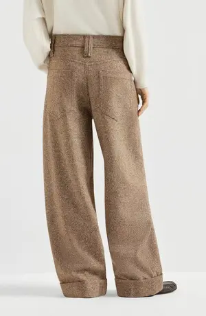 Brunello Cucinelli Virgin Wool Donegal Baggy Five-pocket Trousers With Monili - Cappuccino