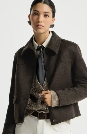 Brunello Cucinelli Hand-crafted Cashmere Beaver Double Cloth Jacket With Monili - Pine Cone Brown