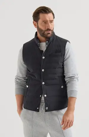 Brunello Cucinelli Bonded Taffeta Lightweight Down Vest Navy Blue