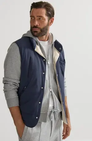 Brunello Cucinelli Bonded Nylon Down Vest With Detachable Hood - Blue
