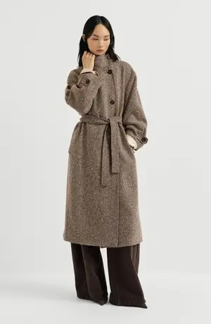 Brunello Cucinelli Sparkling Virgin Wool Chevron Belted Coat With Monili - Light Brown