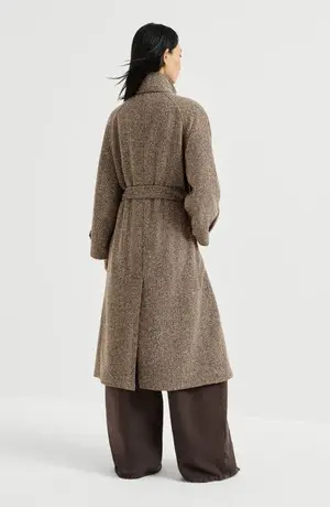 Brunello Cucinelli Sparkling Virgin Wool Chevron Belted Coat With Monili - Light Brown