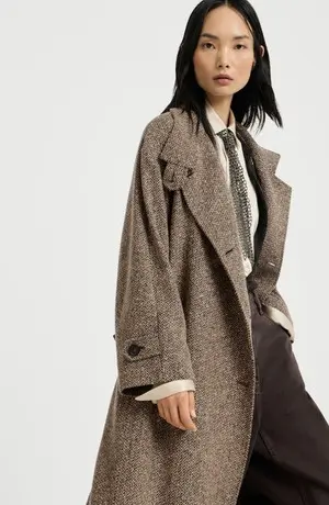 Brunello Cucinelli Sparkling Virgin Wool Chevron Belted Coat With Monili - Light Brown