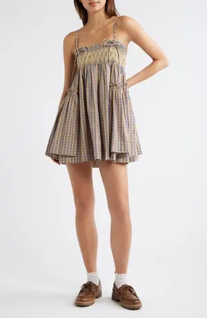 DAMSON MADDER Lilo Smocked Plaid Minidress - Marmalade