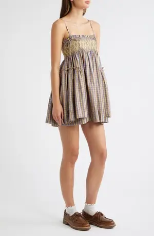 DAMSON MADDER Lilo Smocked Plaid Minidress
