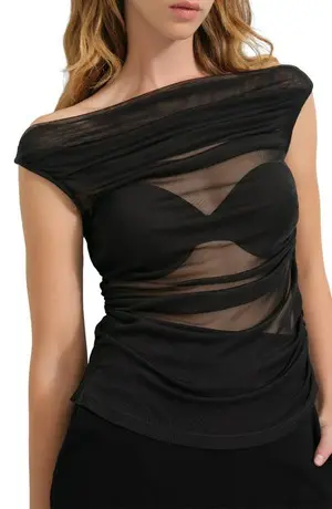 MARCELLA Cooper Ruched Off The Shoulder Mesh Top