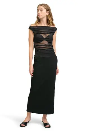 MARCELLA Cooper Ruched Off The Shoulder Mesh Top
