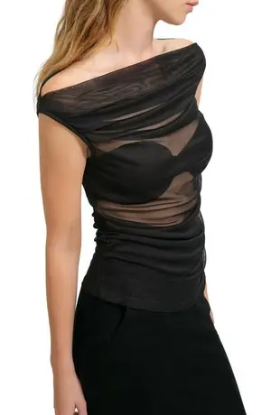 MARCELLA Cooper Ruched Off The Shoulder Mesh Top