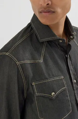 Brunello Cucinelli Lightweight Denim Western Shirt - Dark Grey