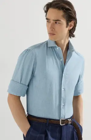 Brunello Cucinelli Denim-effect Chambray Shirt With Spread Collar