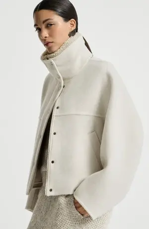 Brunello Cucinelli Hand-crafted Virgin Wool And Cashmere Double Cloth Jacket With Detachable Shearling Collar - Ivory
