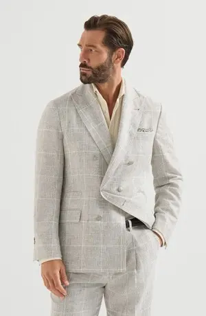 Brunello Cucinelli Linen Prince Of Wales One-and-a-half Breasted Deconstructed Blazer With Metal Buttons - Panama