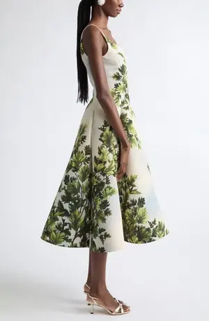 Oscar De La Renta Maple Leaves Print Fit & Flare Midi Dress
