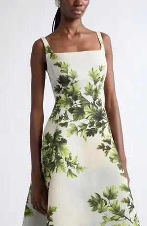 Oscar De La Renta Maple Leaves Print Fit & Flare Midi Dress