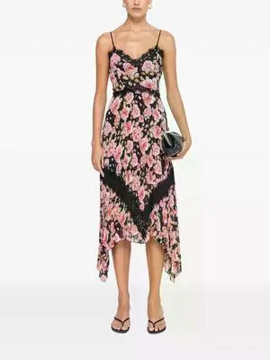 NISSA Pleated Floral Midi Dress - Black