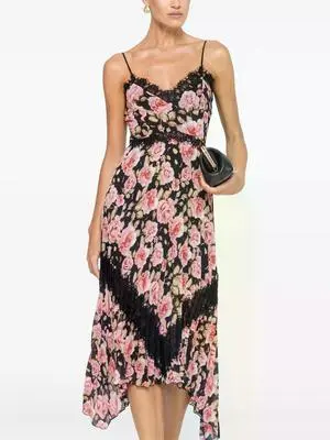NISSA Pleated Floral Print Midi Dress With Lace Inserts